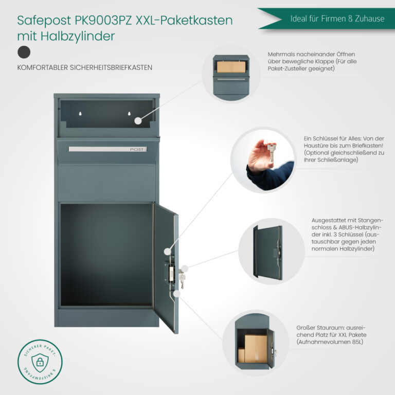 Safepost PK9003PZ XXL Paket-Briefkasten mit Halbzylinder - Safepost